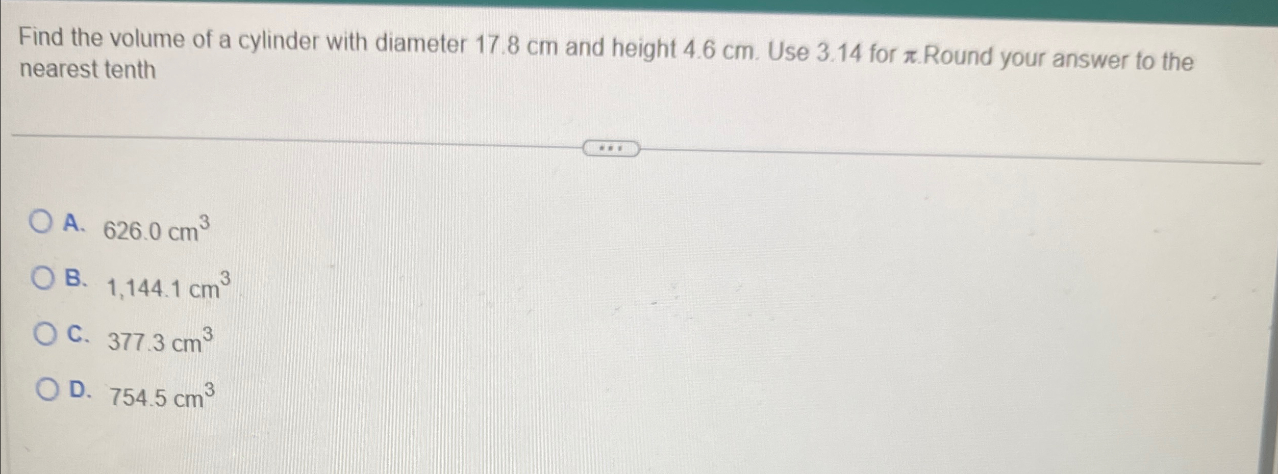 Solved Find the volume of a cylinder with diameter 17.8cm | Chegg.com