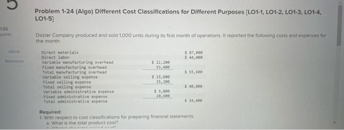 Solved Problem 1-24 (Algo) Different Cost Classifications | Chegg.com