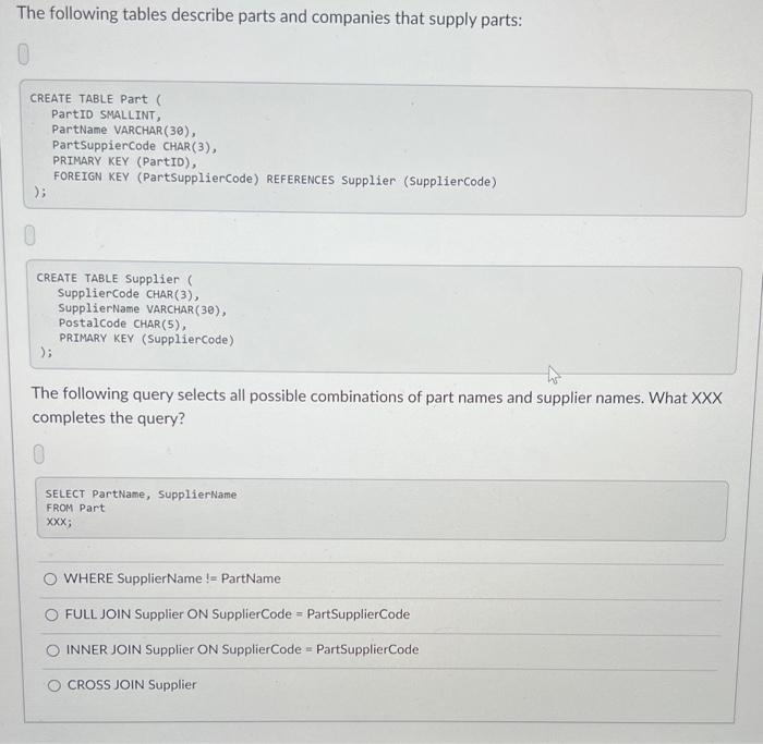The following tables describe parts and companies | Chegg.com