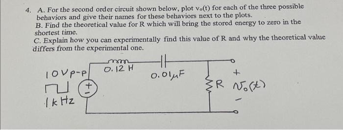 4. A. For the second order circuit shown below, plot | Chegg.com