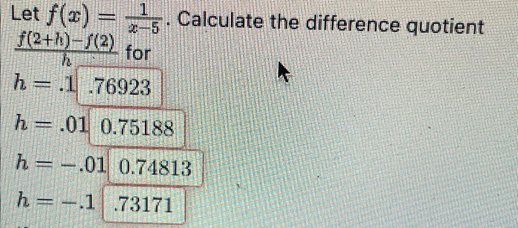 Solved Let f(x)=1x-5. ﻿Calculate the difference quotient | Chegg.com
