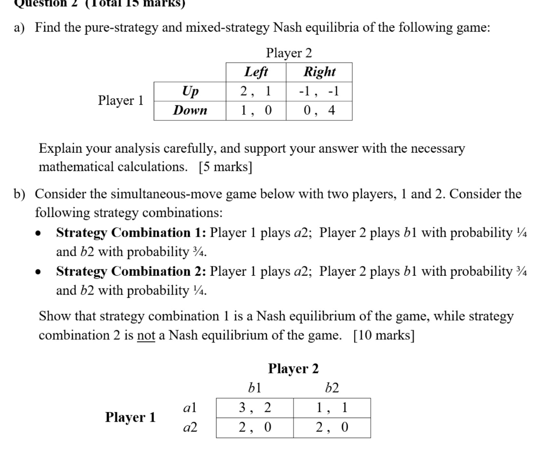 Solved a) ﻿Find the pure-strategy and mixed-strategy Nash | Chegg.com