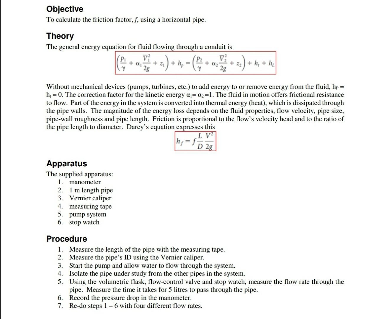 Solved Objective To calculate the friction factor, f, using | Chegg.com