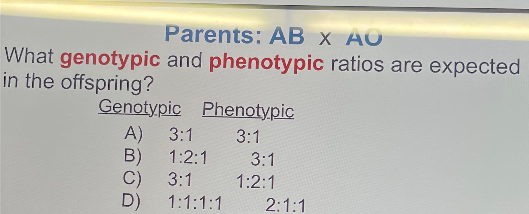 Solved Parents: AB×AOWhat genotypic and phenotypic ratios | Chegg.com