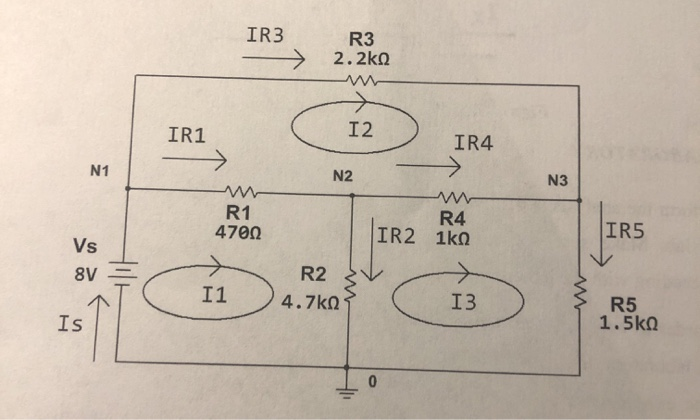 Solved IR3 R3 2.2k 12 IR1 IR4 N1 N2 N3 R4 R1 47002 IR2 1kn | Chegg.com