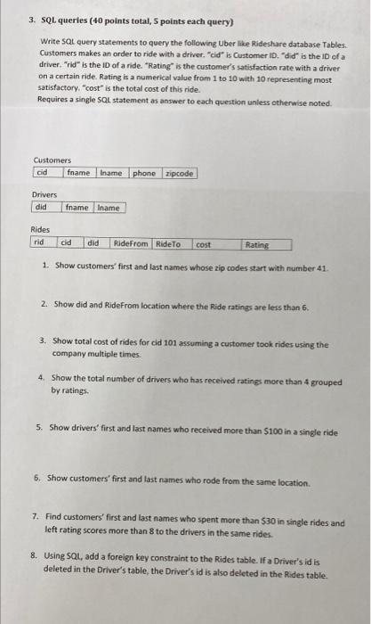 Solved 3. SQL queries (40 points total, 5 points each query) | Chegg.com