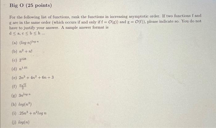 Solved For the following list of functions, rank the | Chegg.com