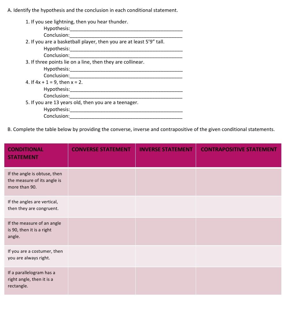 Solved A. Identify the hypothesis and the conclusion in each | Chegg.com
