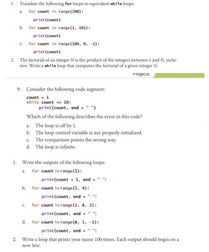 Solved 1. Translate the following for loops to equivalent | Chegg.com