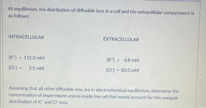 Solved At equilibrium, the distribution of diffusible ions | Chegg.com