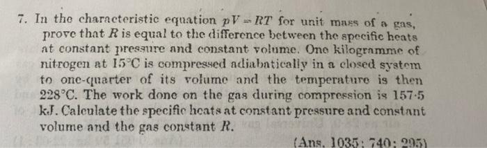 Solved 7. In the characteristic equation pV=RT for unit mass | Chegg.com
