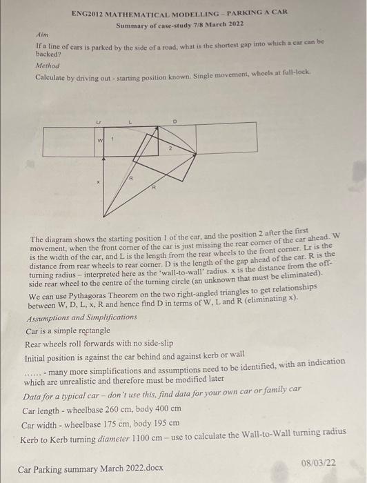 ENG2012 MATHEMATICAL MODELLING - PARKING A CAR | Chegg.com