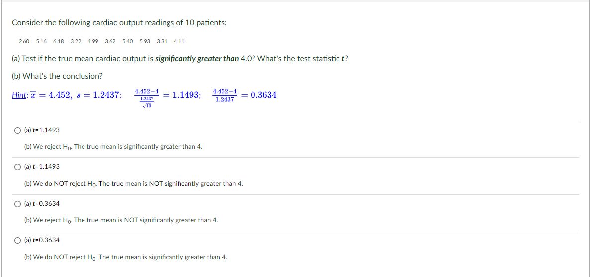 Solved Consider the following cardiac output readings of 10 | Chegg.com