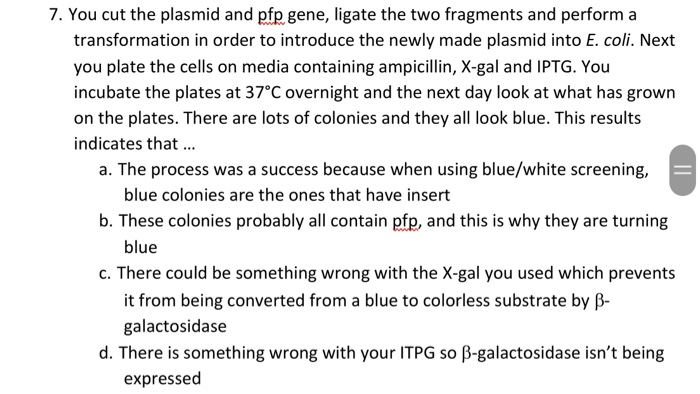 Solved 7. You cut the plasmid and pfp gene, ligate the two | Chegg.com