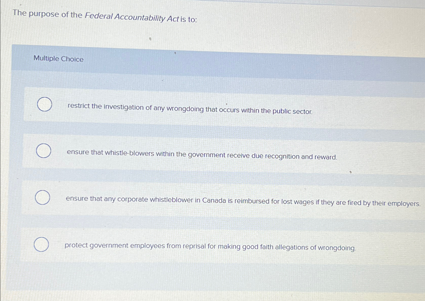 Solved The purpose of the Federal Accountability Act is | Chegg.com