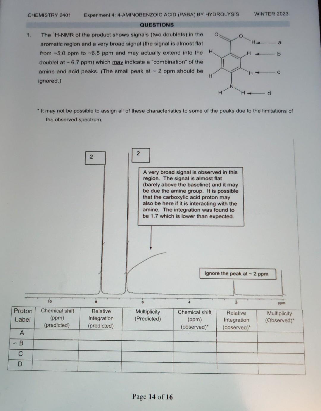 CHEMISTRY 2401 Experiment 4: 4-AMINOBENZOIC ACID | Chegg.com