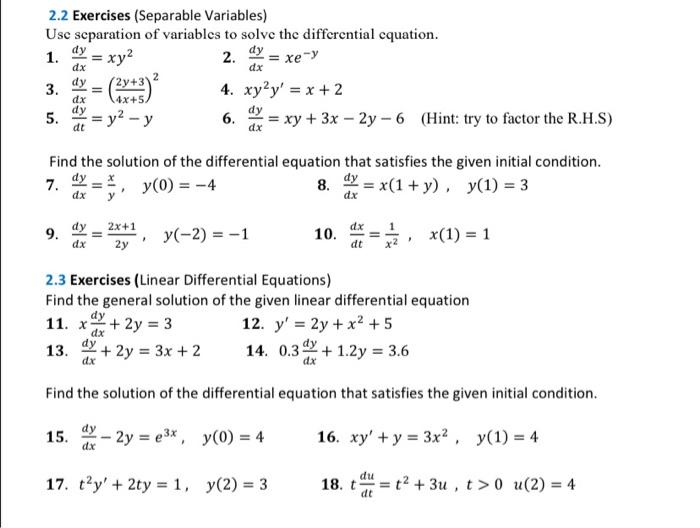 Solved 2.2 Exercises (Separable Variables) Use separation of | Chegg.com