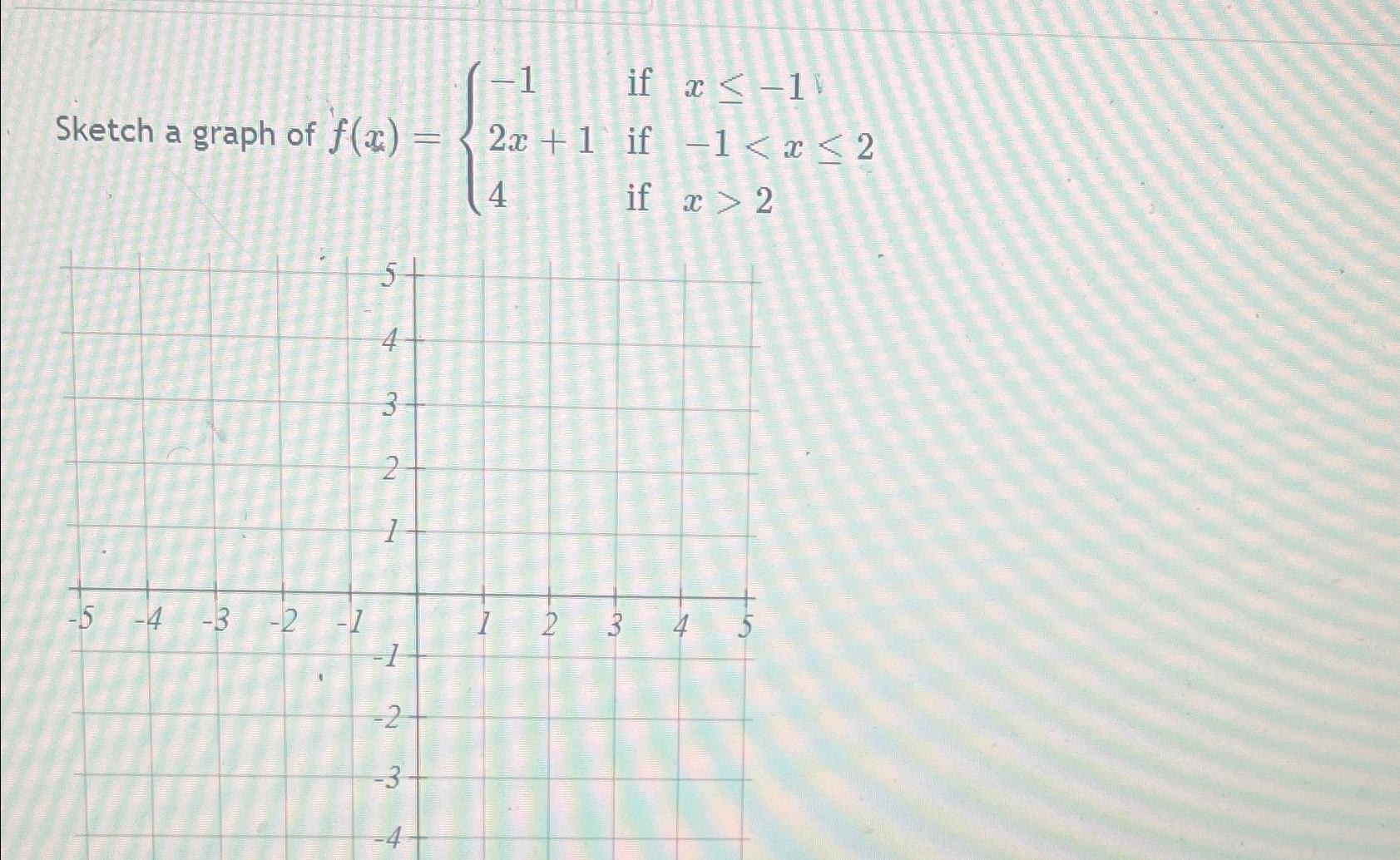 Solved Sketch a graph of f(x)={-1 if x≤-12x+1 if -12 | Chegg.com