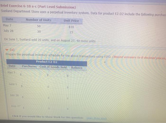 Solved Brief Exercise 6-10 a-c (Part Level Submission) | Chegg.com