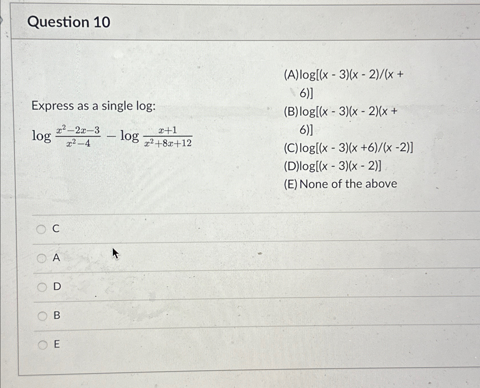 Solved Question 10(A) ﻿]Express as a single log:(B) | Chegg.com