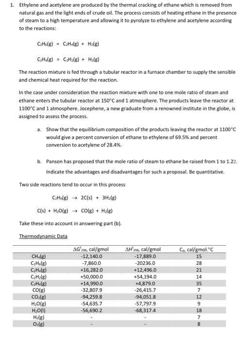 Solved 1. Ethylene and acetylene are produced by the thermal | Chegg.com