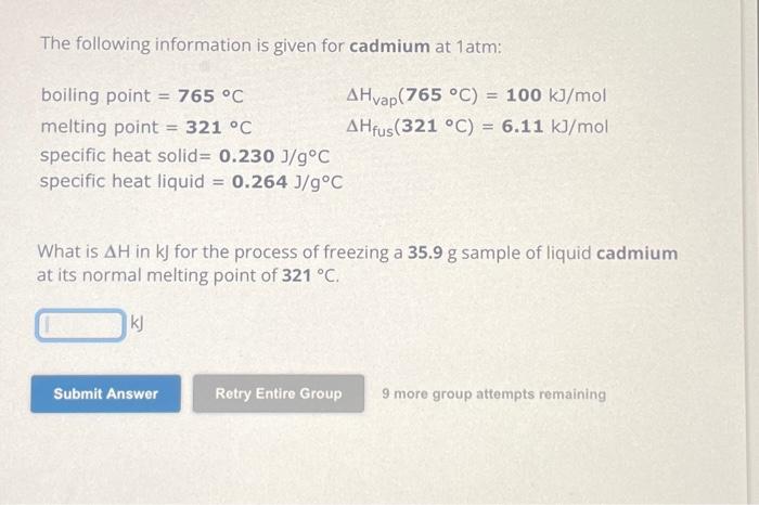 Solved The following information is given for cadmium at 1 | Chegg.com
