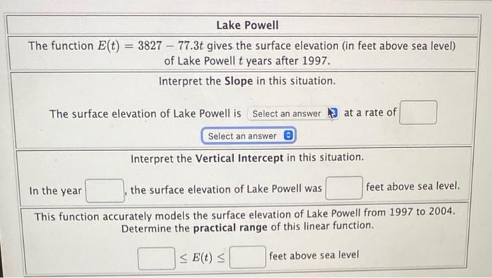 Solved Lake Powell The function E(t)=3827−77.3t gives the | Chegg.com
