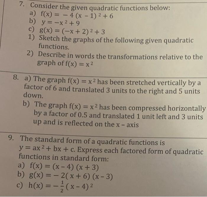Solved 7. Consider the given quadratic functions below: a) | Chegg.com