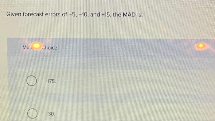 Solved Given forecast errors of −5,−10, and +15, the MAD is: | Chegg.com