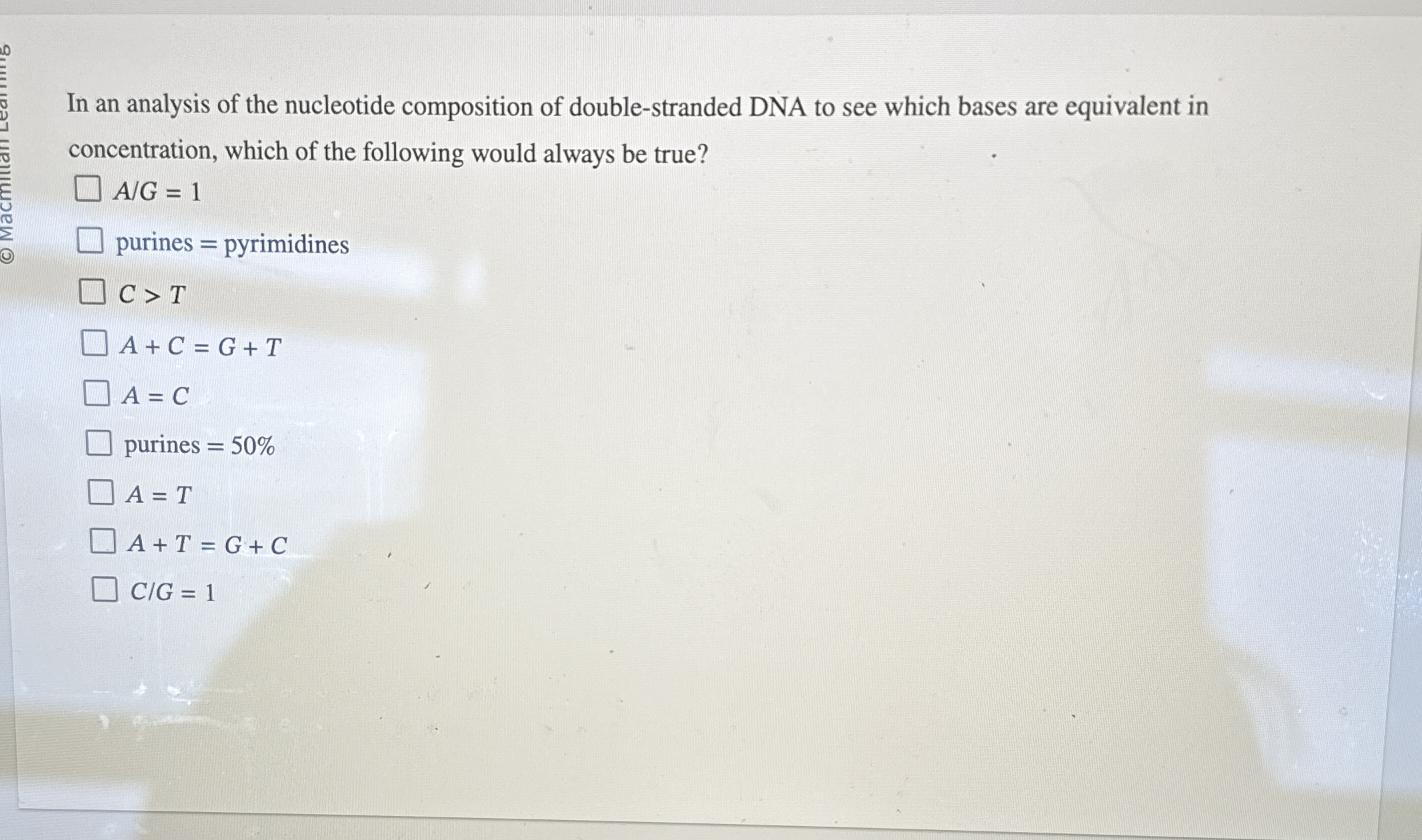 Solved In an analysis of the nucleotide composition of | Chegg.com