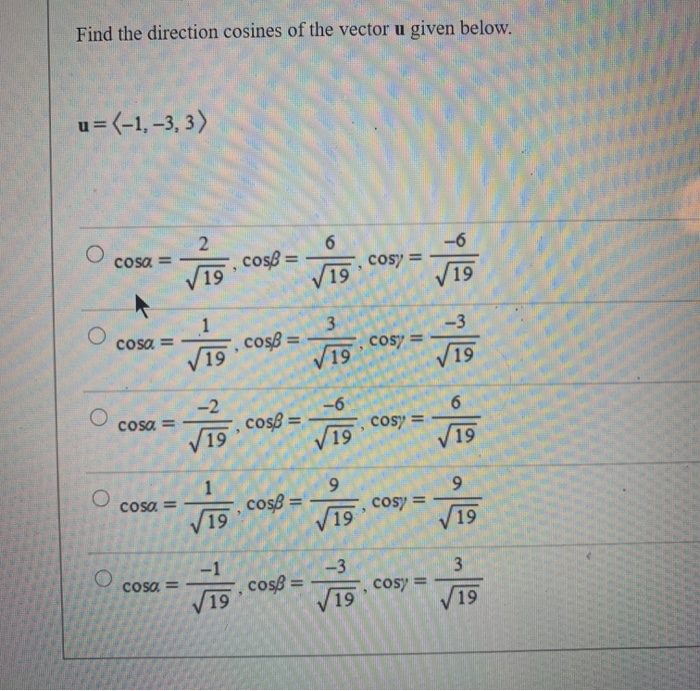 Solved Find the direction cosines of the vector u given | Chegg.com