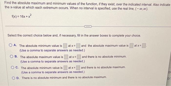 Solved Find the absolute maximum and minimum values of the | Chegg.com