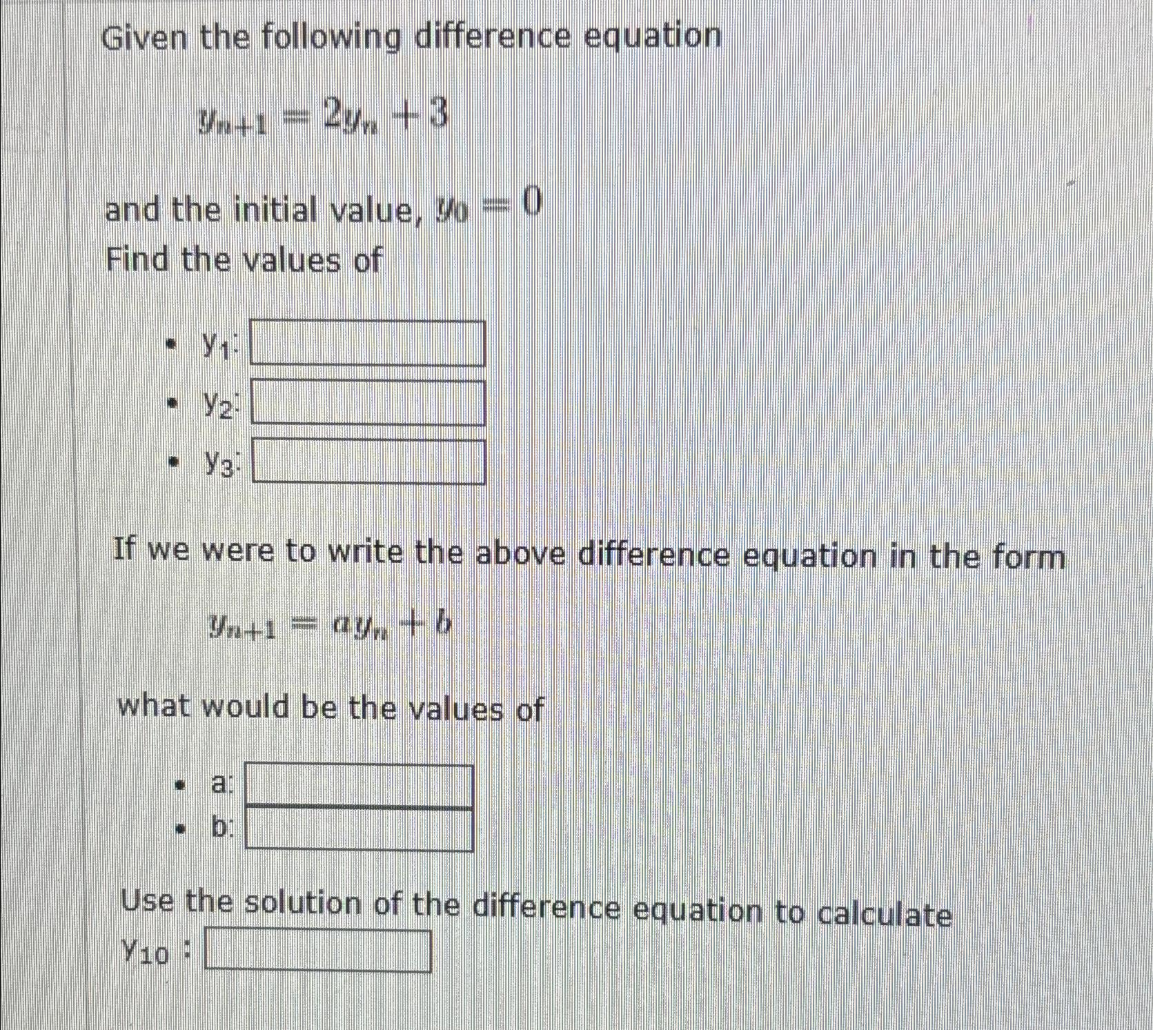 Solved Given the following difference equationyn+1=2yn+3and | Chegg.com