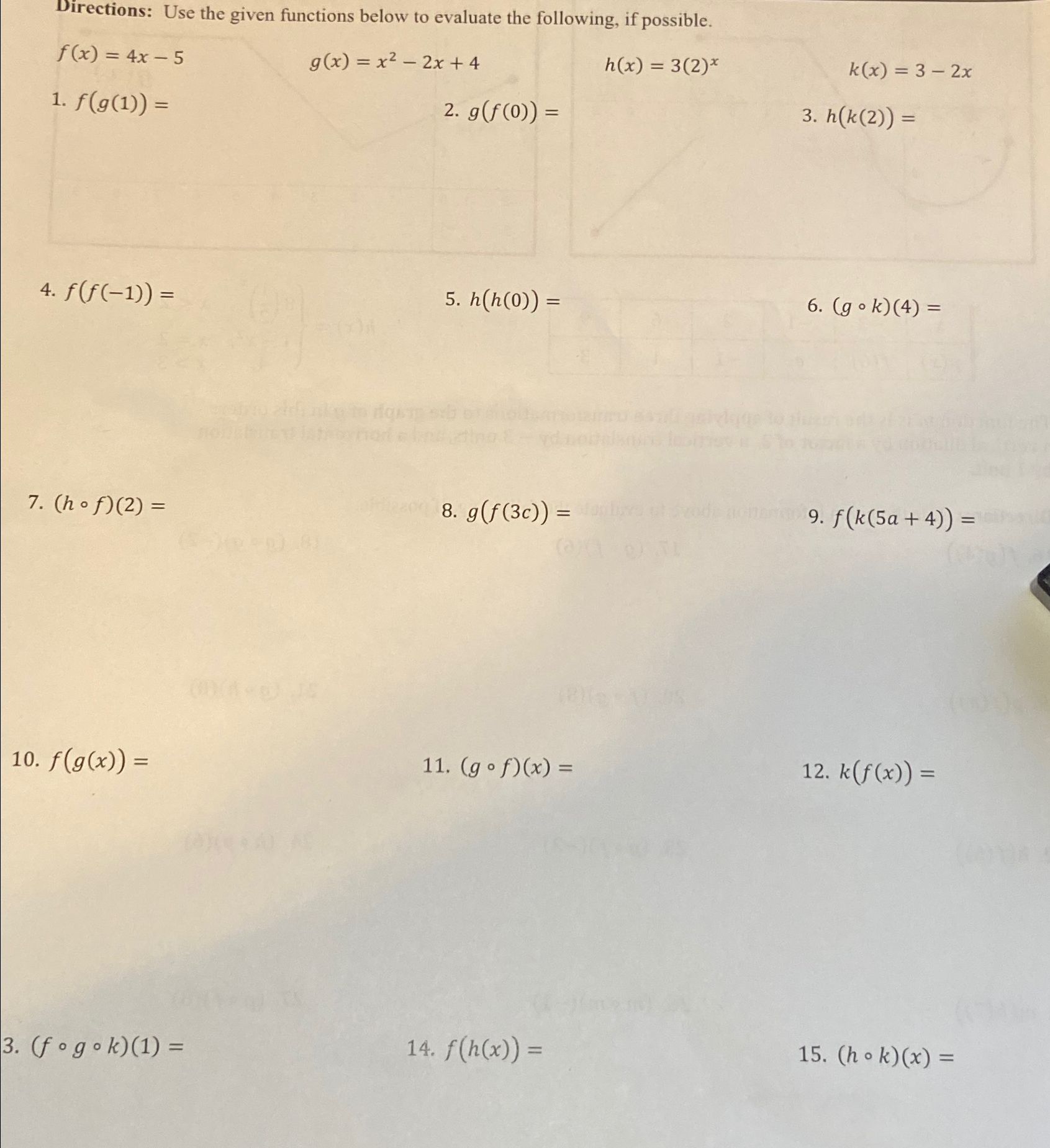 Solved Directions: Use the given functions below to evaluate | Chegg.com