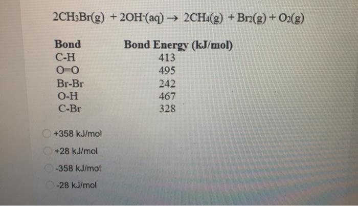 Solved 2CH3Br(g) + 2OH-(aq) → 2CH(g) + Br2(g) + O2(g) Bond | Chegg.com