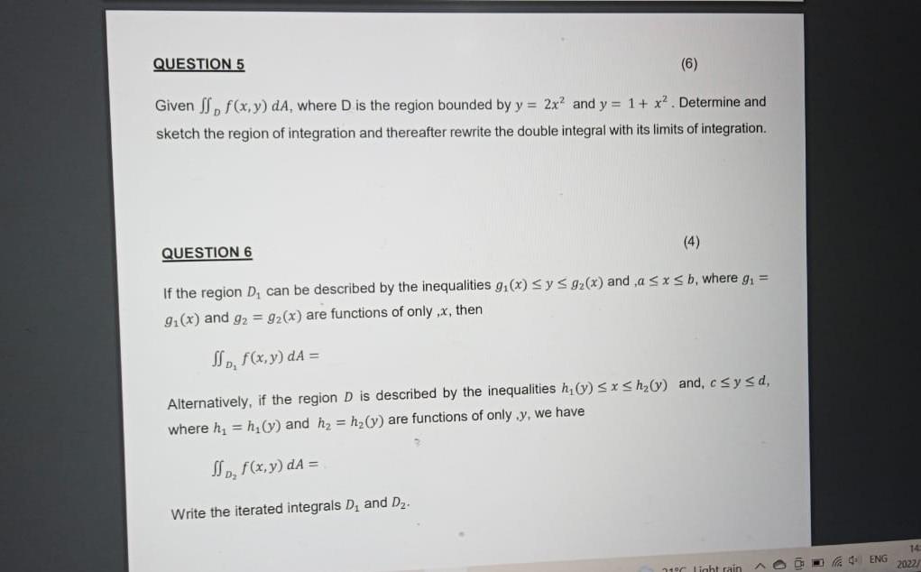 Solved Given ∬Df(x,y)dA, where D is the region bounded by | Chegg.com