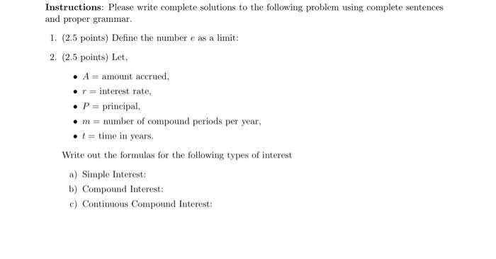 Solved Instructions: Please write complete solutions to the | Chegg.com