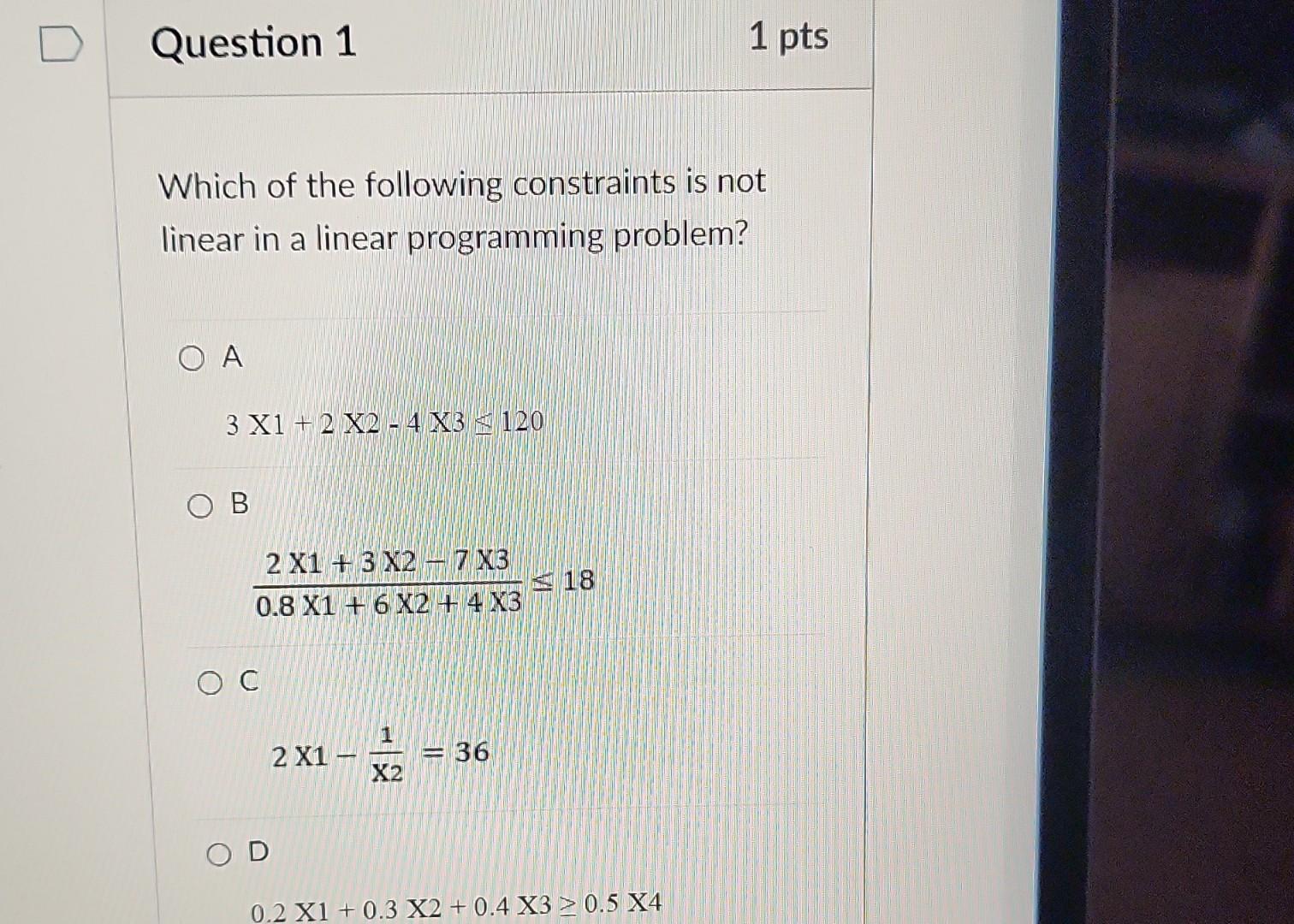 Solved Which of the following constraints is not linear in a | Chegg.com