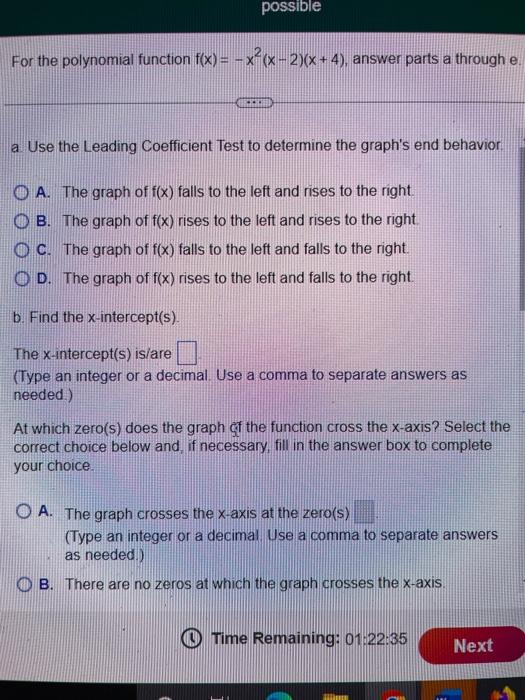 Solved For the polynomial function f(x)=−x2(x−2)(x+4), | Chegg.com