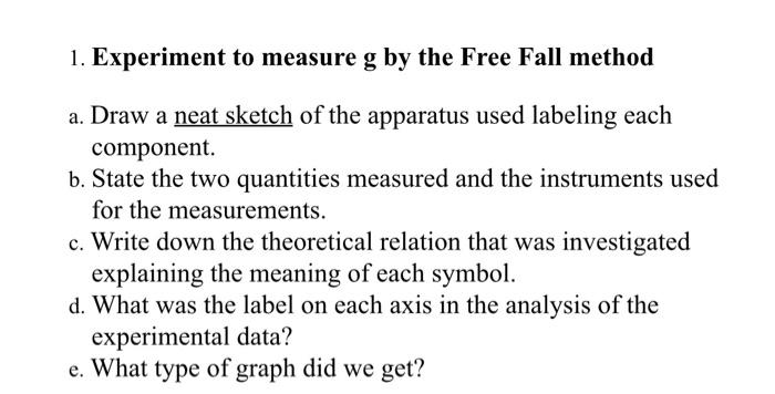 Solved 1. Experiment to measure g by the Free Fall method a. | Chegg.com