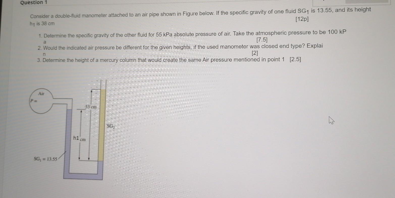 Solved Question 1 Consider a double-fluid manometer attached | Chegg.com
