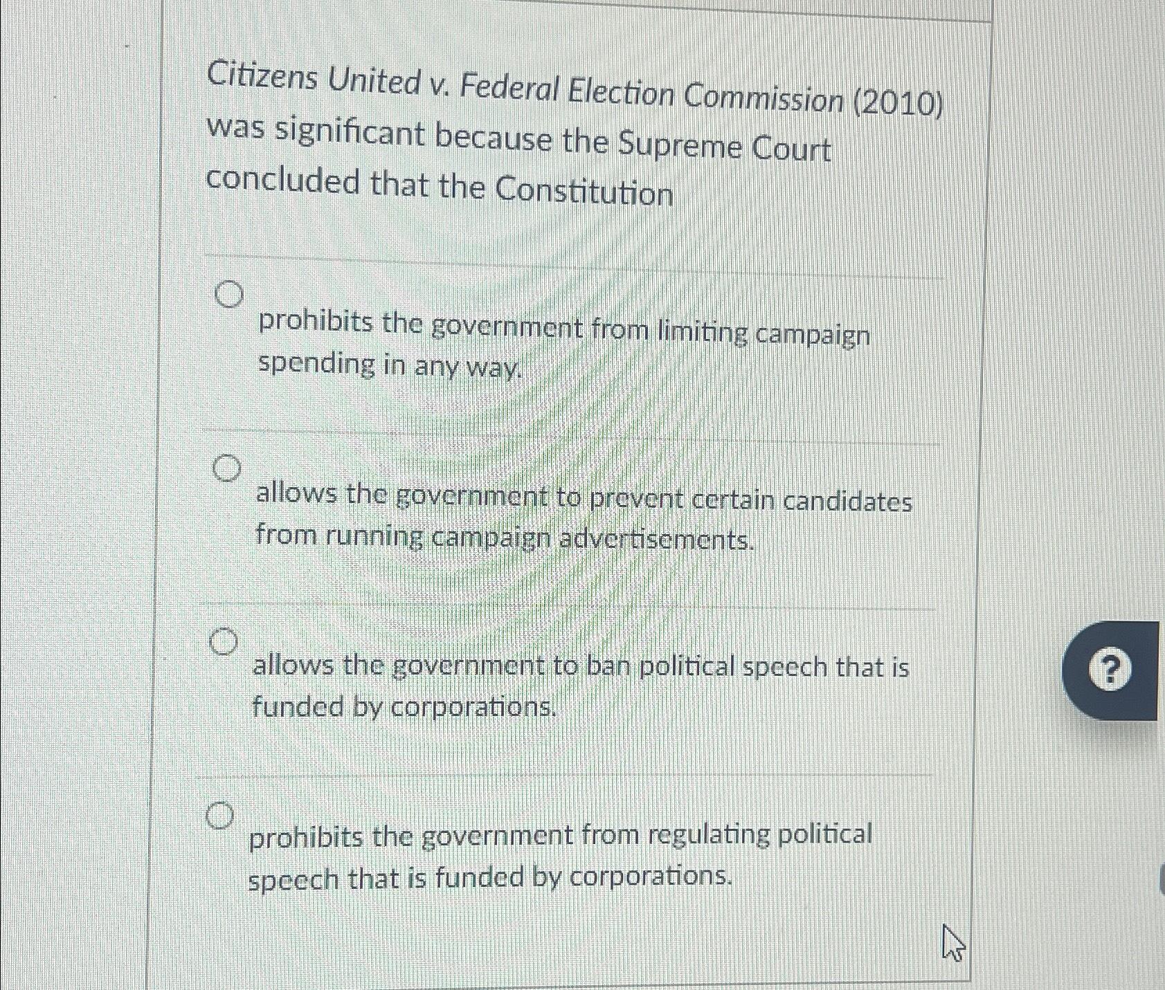 Solved Citizens United v. ﻿Federal Election Commission | Chegg.com