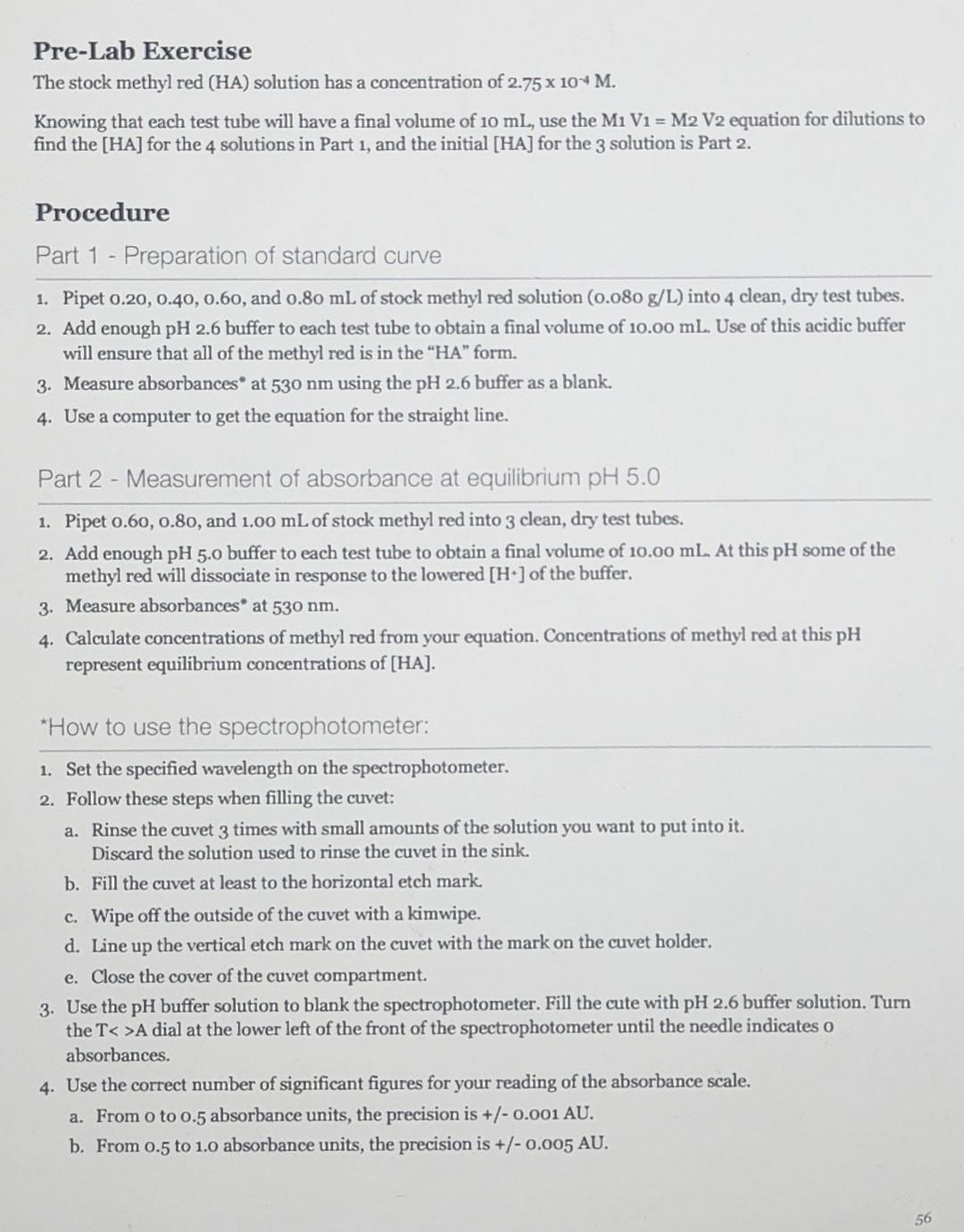 Solved Pre-Lab Exercise The stock methyl red (HA) solution | Chegg.com