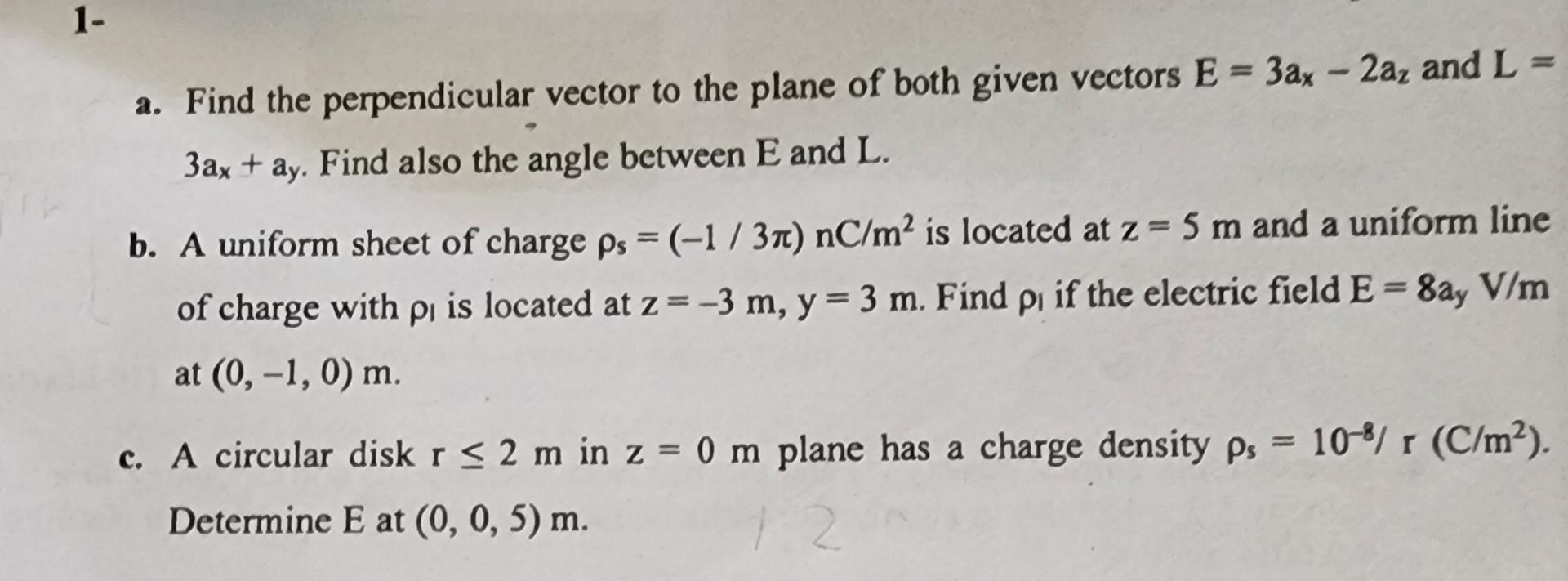 1-a. ﻿Find the perpendicular vector to the plane of | Chegg.com