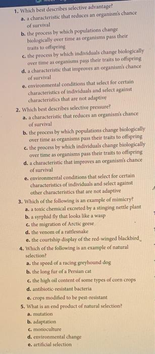 Solved 1. Which best describes selective advantage? a. a | Chegg.com