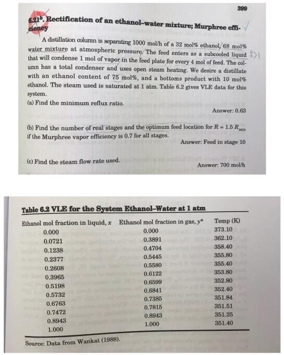 Solved 399 6.21º. Rectification of an ethanol-water mixture; | Chegg.com