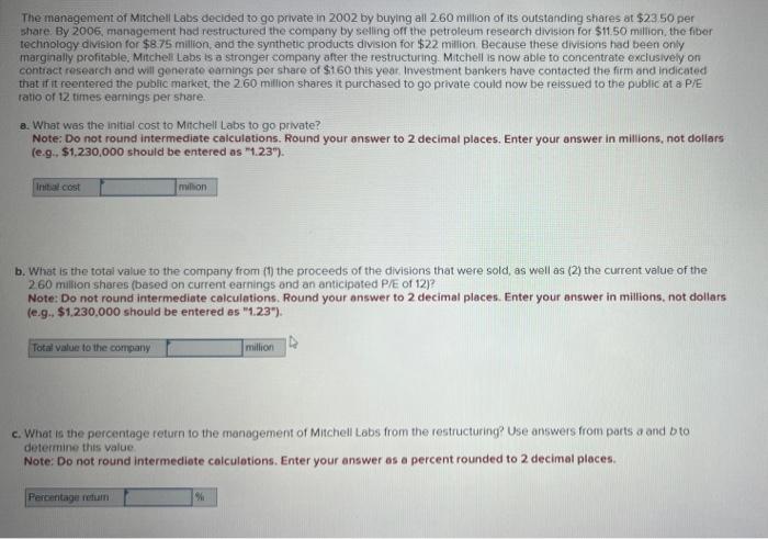 Solved The management of Mitchell Labs decided to go private | Chegg.com