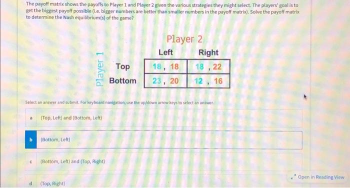 Solved The payoff matrix shows the payoffs to Player 1 and | Chegg.com