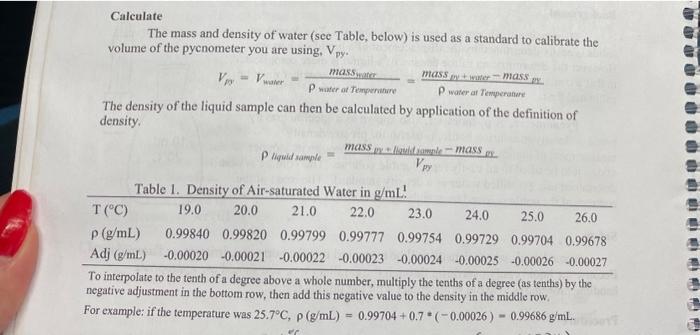 Solved calibrate the pycnometer and determine the density of | Chegg.com