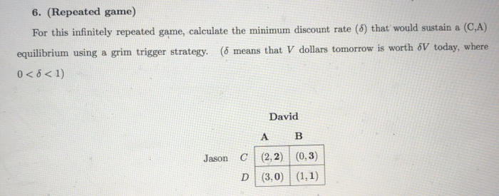 Solved 6. (Repeated game) For this infinitely repeated game, | Chegg.com
